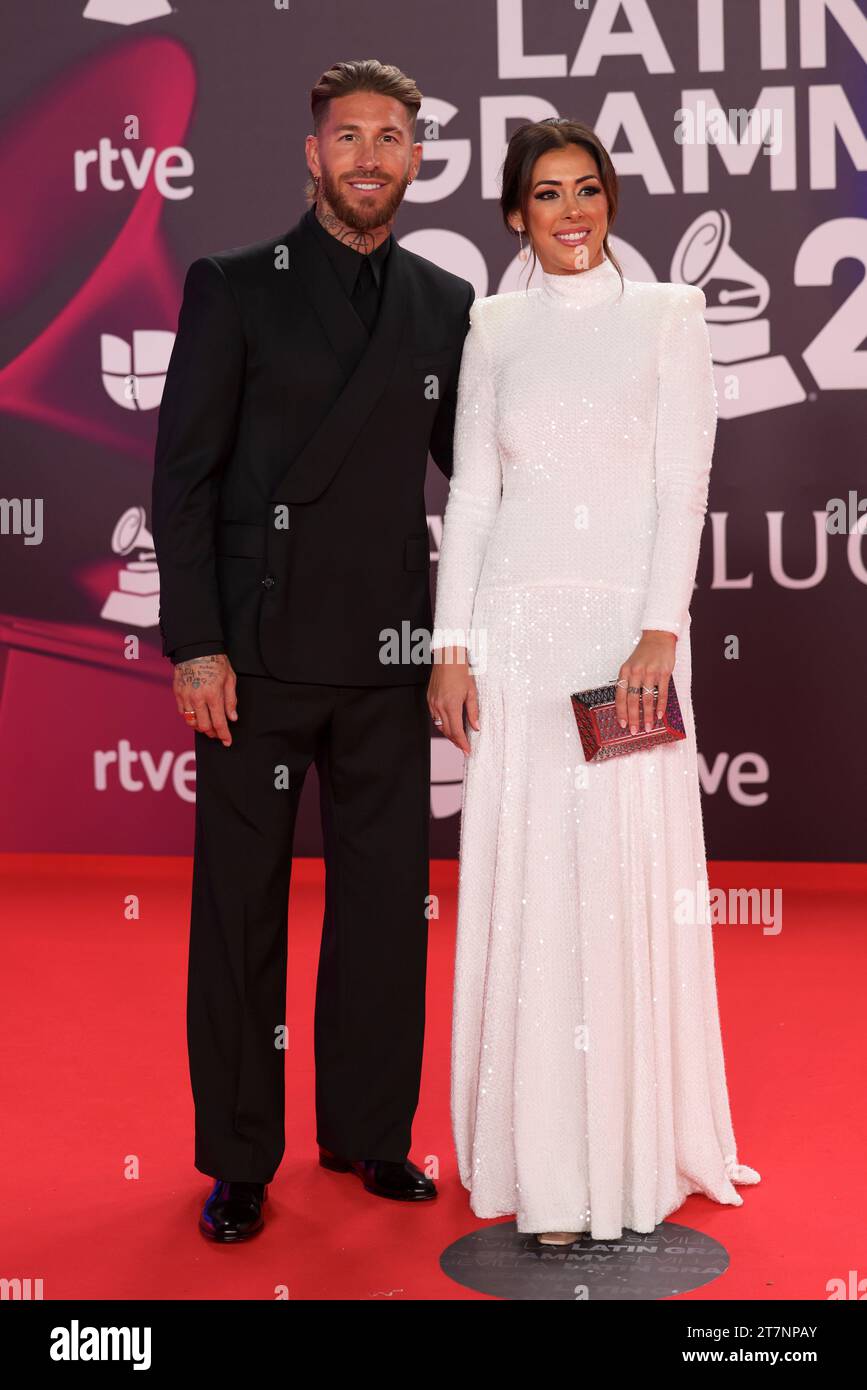 Sergio Ramos, left, and Pilar Rubio arrive at the 24th annual Latin Grammy Awards in Seville ...