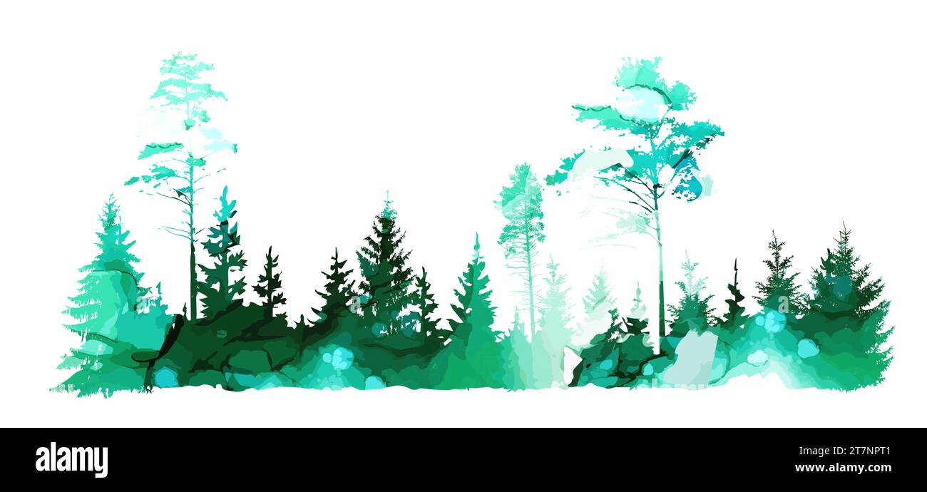 Green forest landscape. Watercolor trees. hand drawing. Not AI. Vector ...