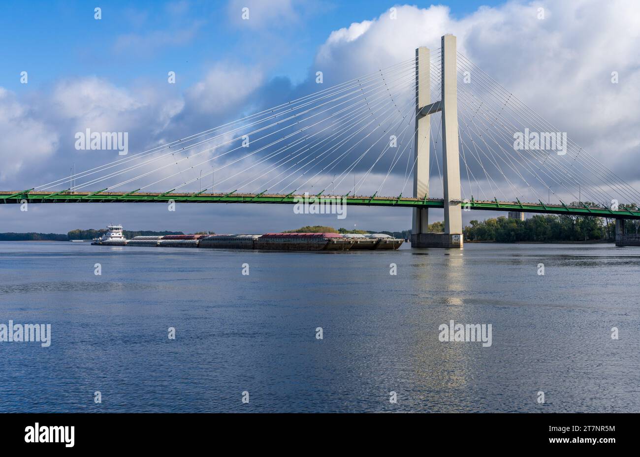 Aerial panorama of a large barge under the Great River Bridge across ...