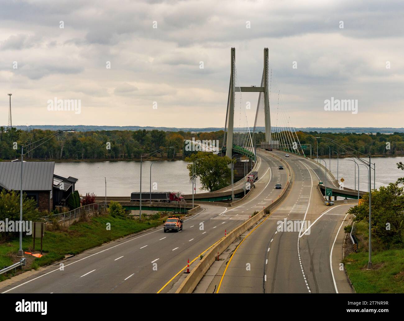 View down the road over the Great River Bridge across Mississippi ...