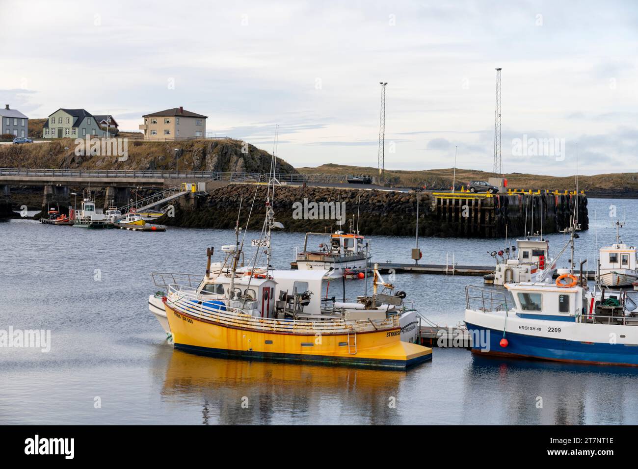 Yellow ship in harbour of Stykkishólmur Snaefellsnes Peninsula Iceland ...