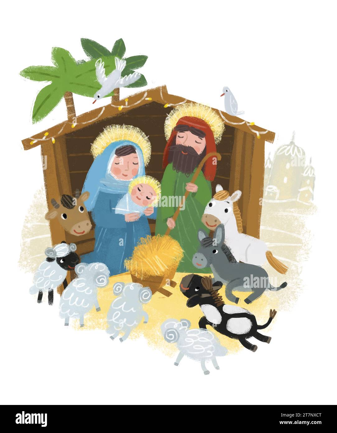 cartoon illustration of the holy family josef mary traditional scene ...