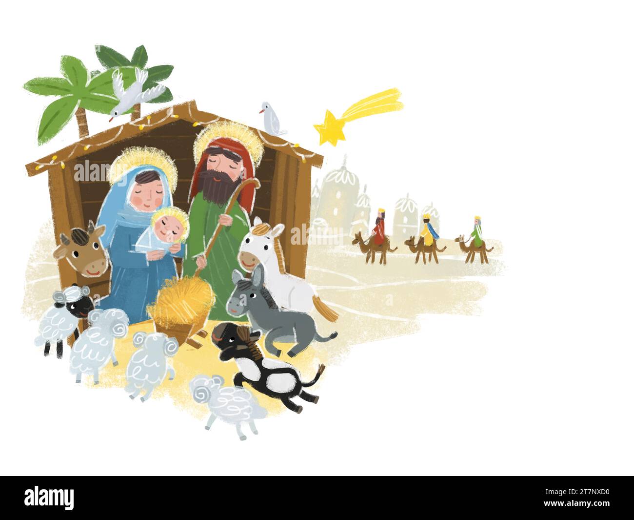 cartoon illustration of the holy family josef mary traditional scene ...