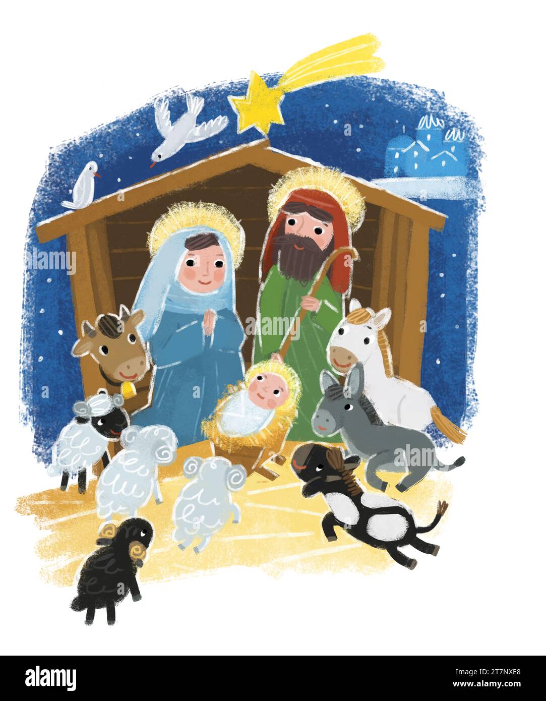 cartoon illustration of the holy family josef mary traditional scene ...