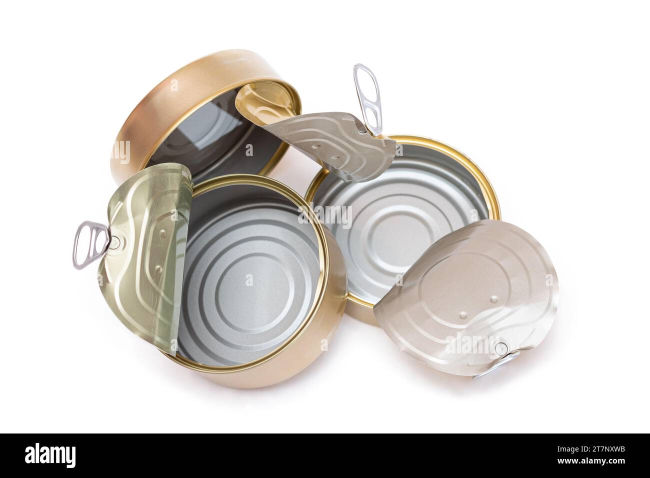 Three Opened Empty Tin Cans Isolated on White Background. Clean Used ...