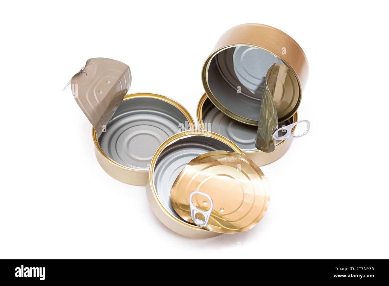 Three Opened Empty Tin Cans with Broken Cover Isolated on White ...