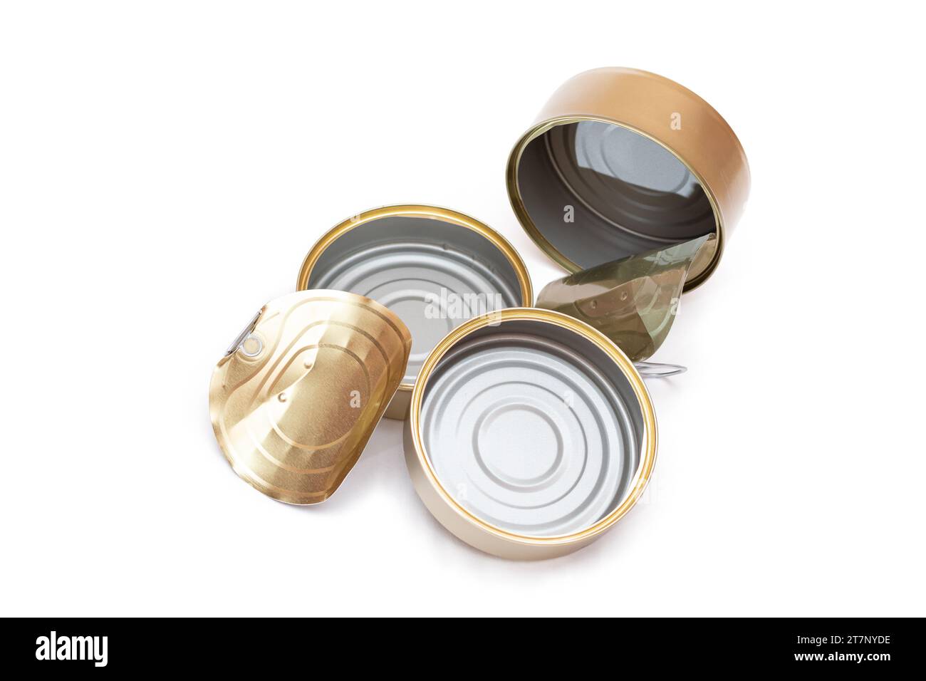 Three Opened Empty Tin Cans with Broken Cover Isolated on White ...