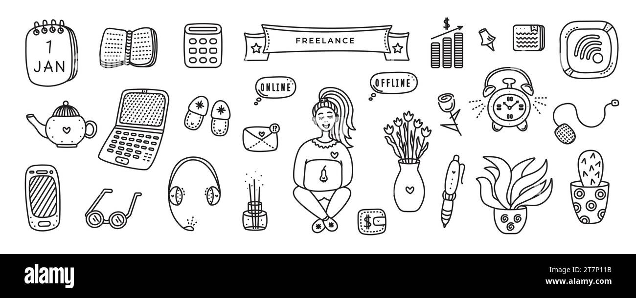 Freelance doodle set, black and white vector items of working online ...