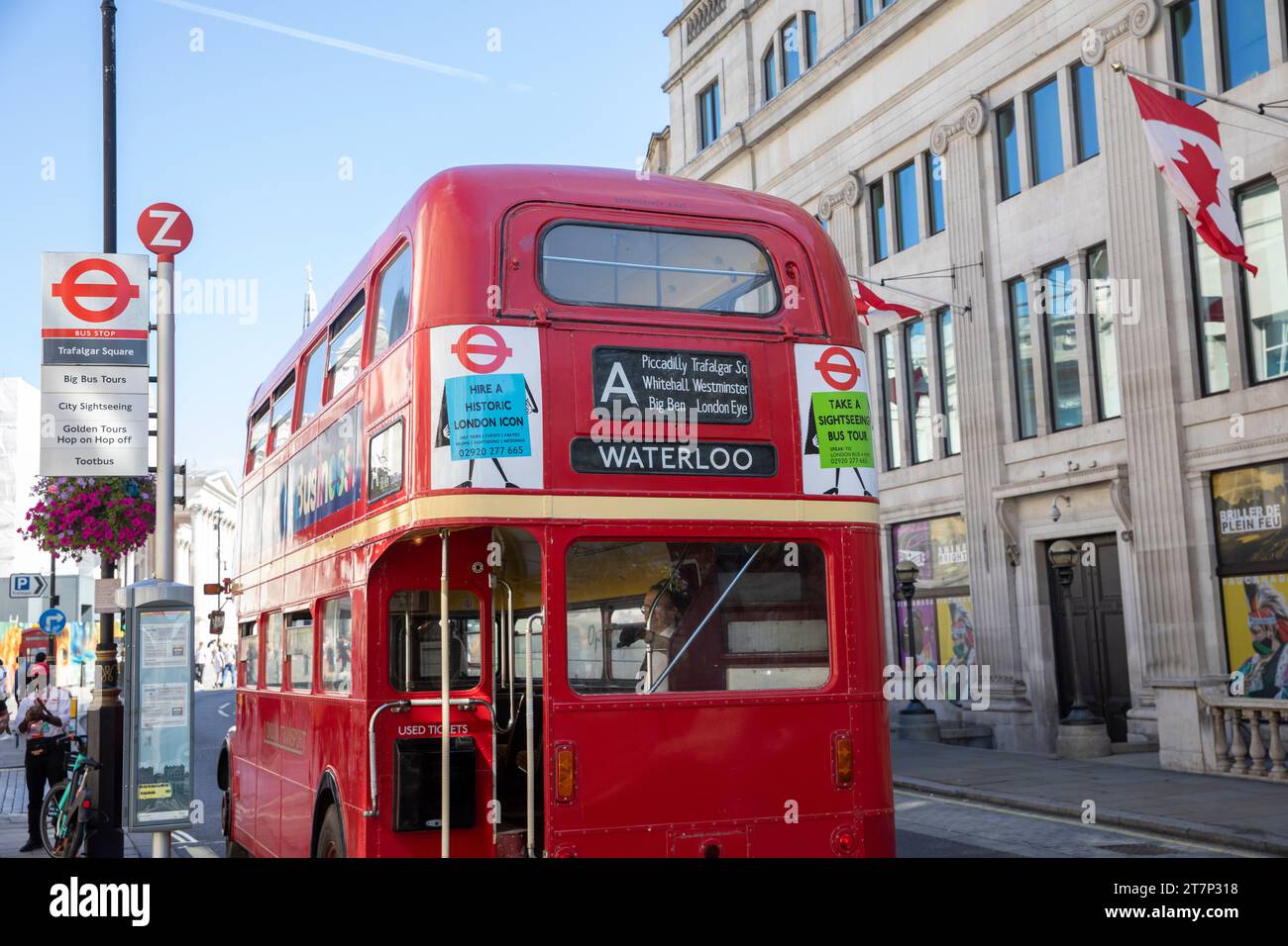 Old style London routemaster double decker bus on Waterloo Bridge ...
