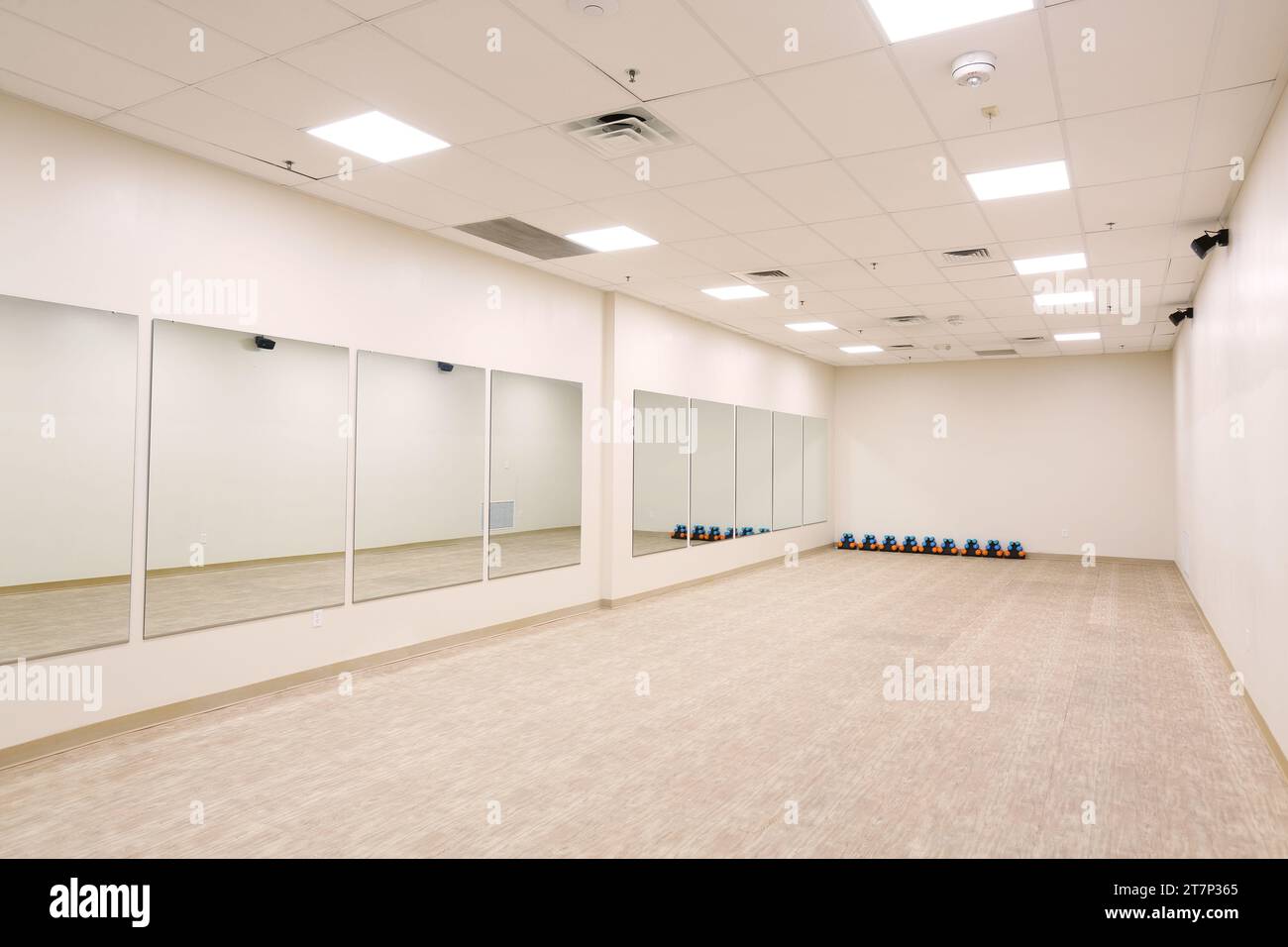 The interior of a modern dance studio with hard floors, and mirrors on ...
