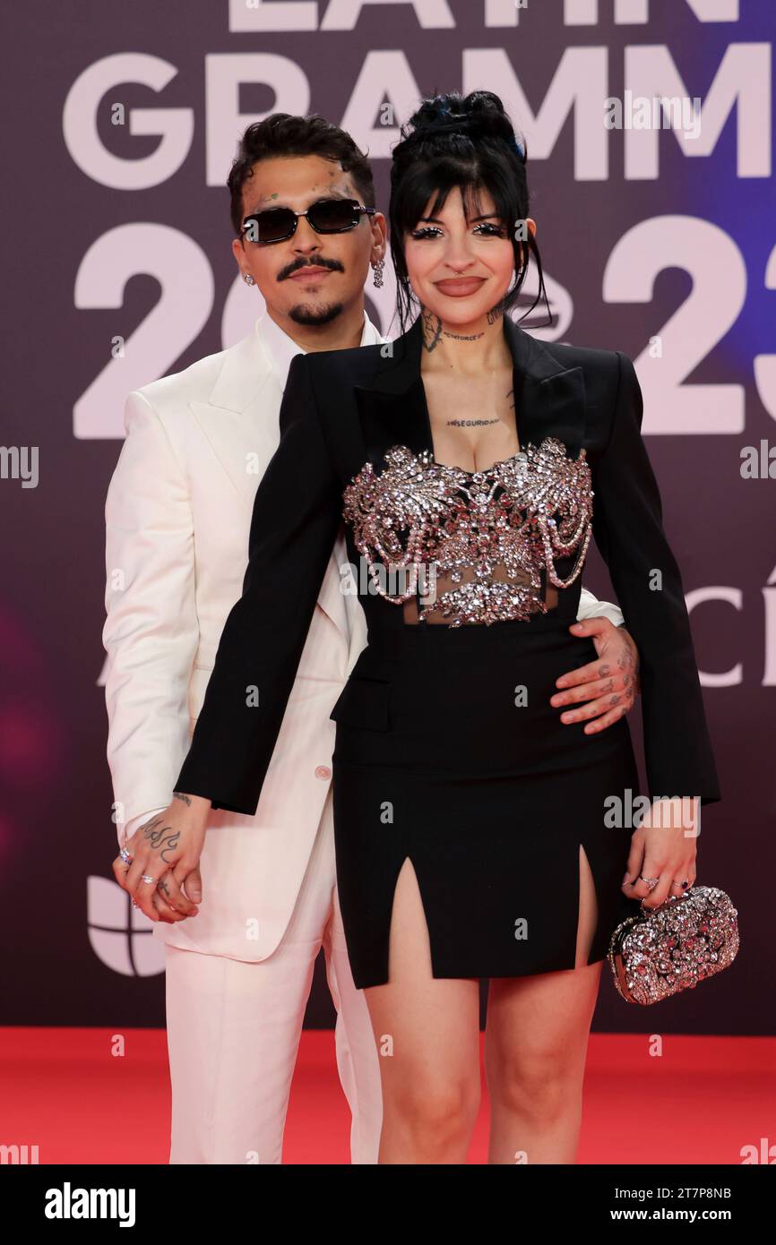 Christian Nodal, left, and Cazzu arrive at the 24th annual Latin Grammy ...