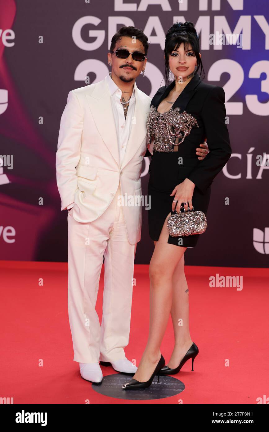 Christian Nodal, left, and Cazzu arrive at the 24th annual Latin Grammy ...