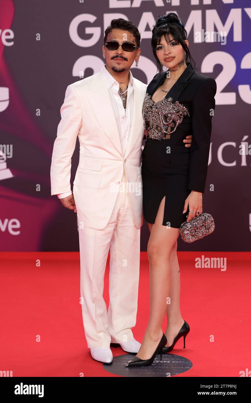 Christian Nodal, left, and Cazzu arrive at the 24th annual Latin Grammy ...