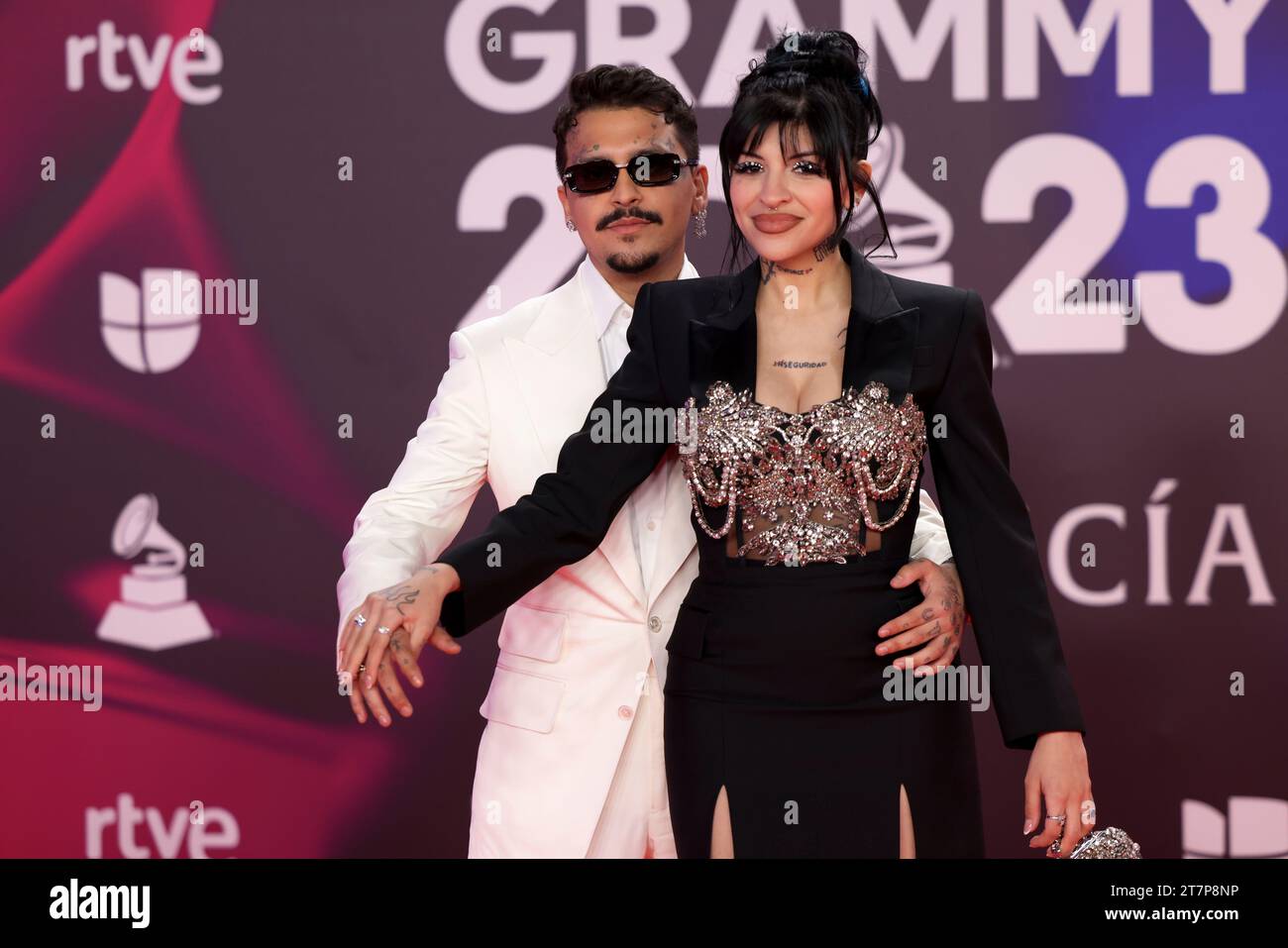 Christian Nodal, left, and Cazzu arrive at the 24th annual Latin Grammy ...