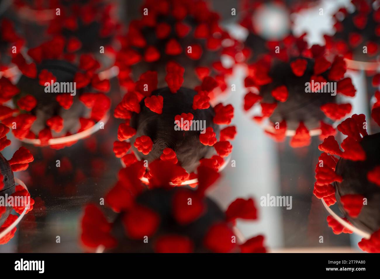 Detailed plastic model of coronavirus, offering close-up view of COVID ...