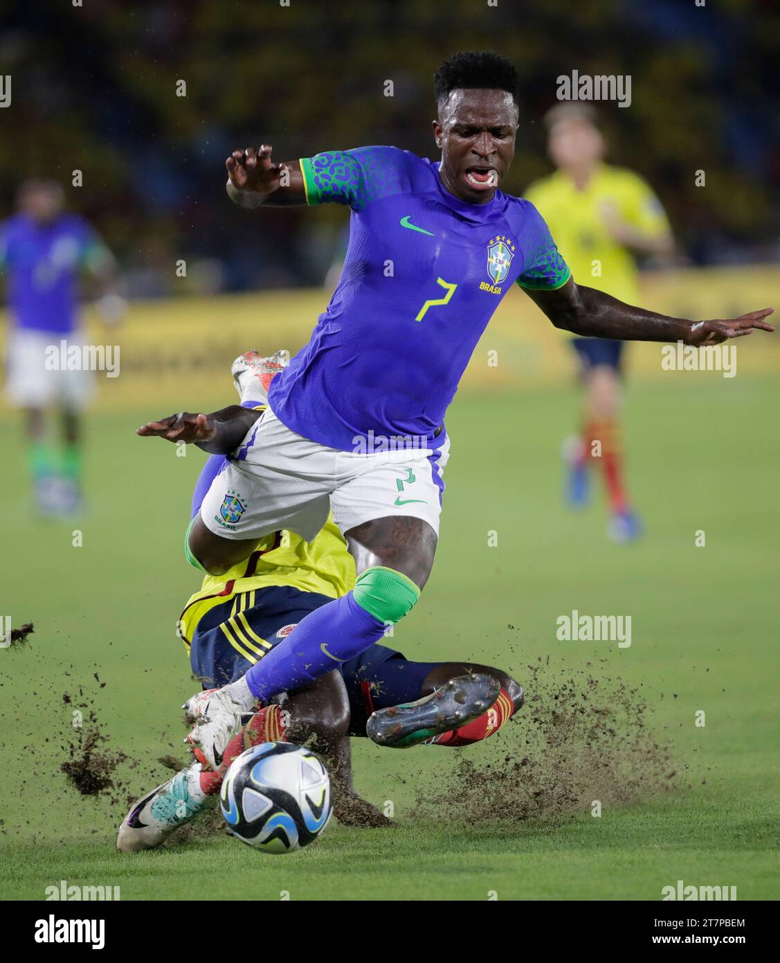 Brazil's Vinicius Junior, front, and Colombia's Davison Sanchez fight ...