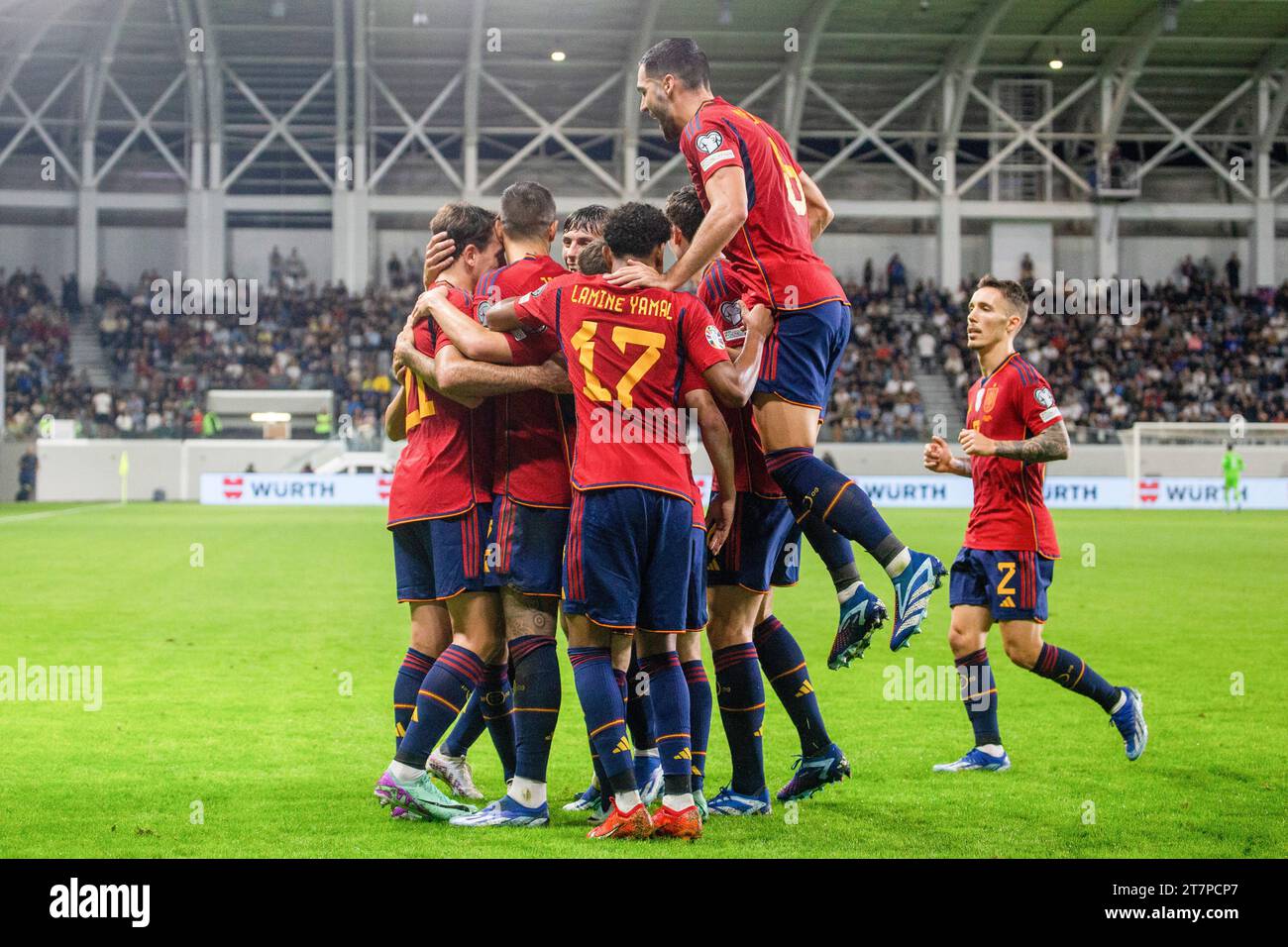 Limassol, Cyprus. 16th Nov, 2023. Players of Spain celebrate scoring ...