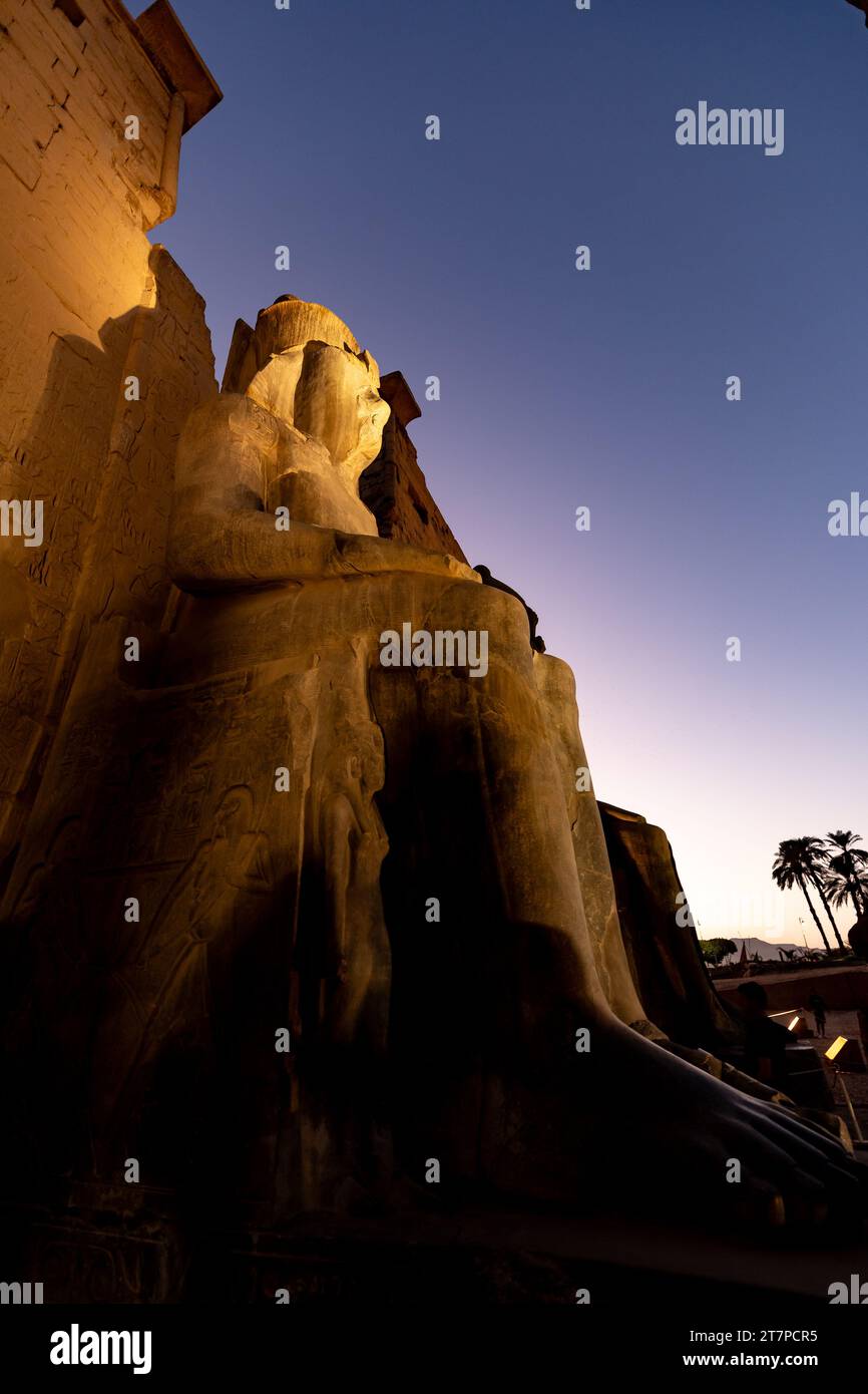 Night view of the statues columns and hieroglyphics of the ...