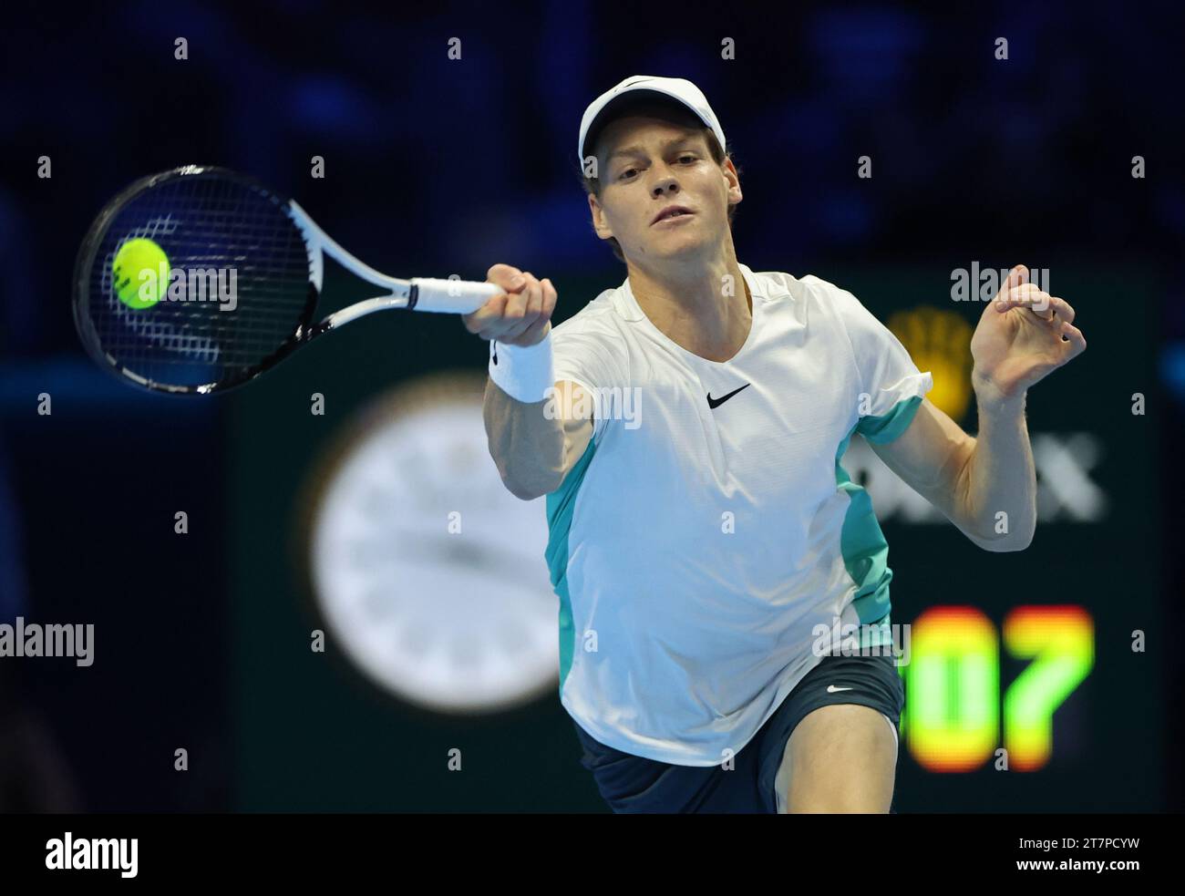 Turin, Italy. 16th Nov, 2023. Jannik Sinner hits a return during the group stage match between ...