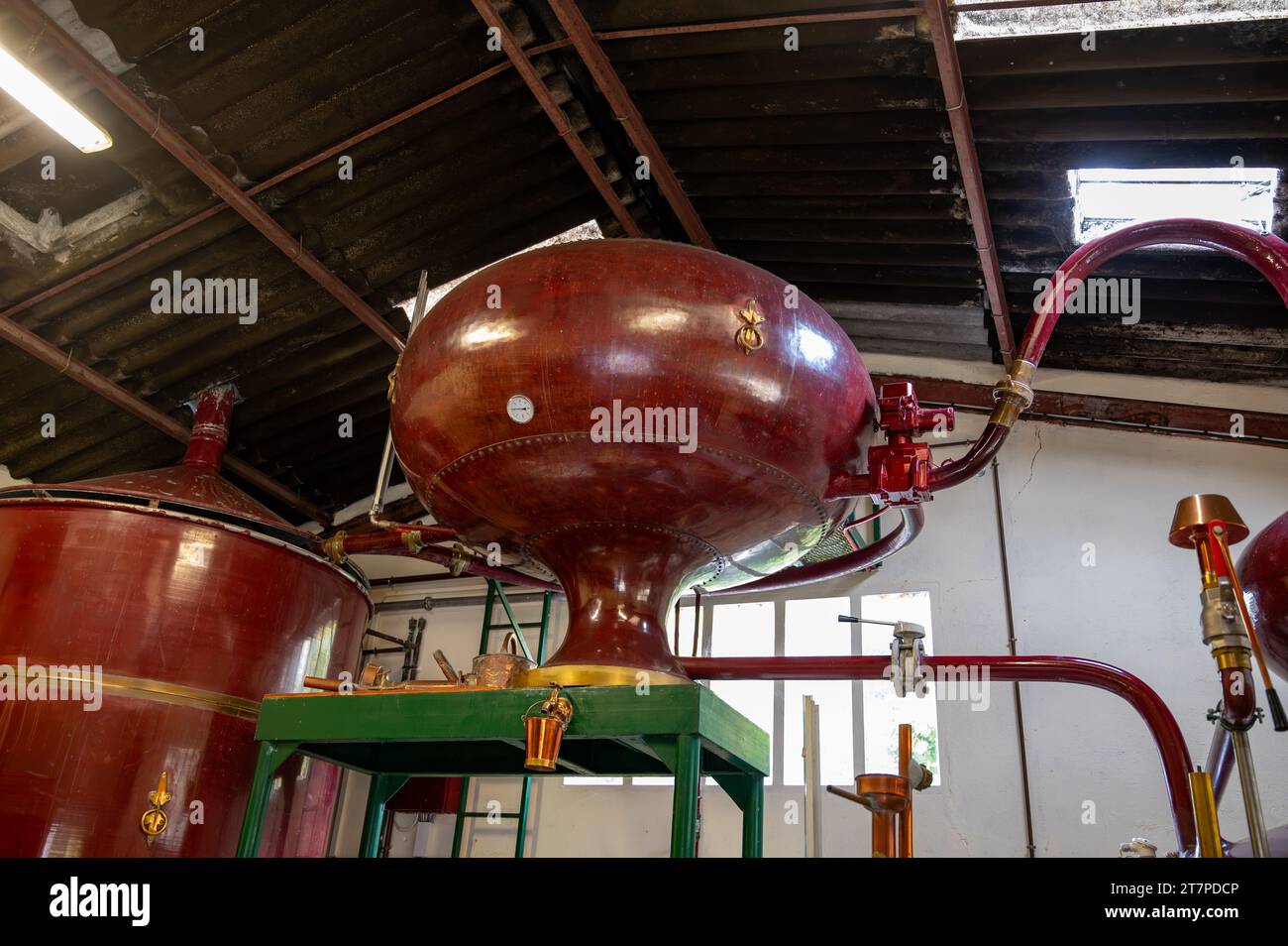 Double distillation process of cognac spirit in Charentias copper still ...