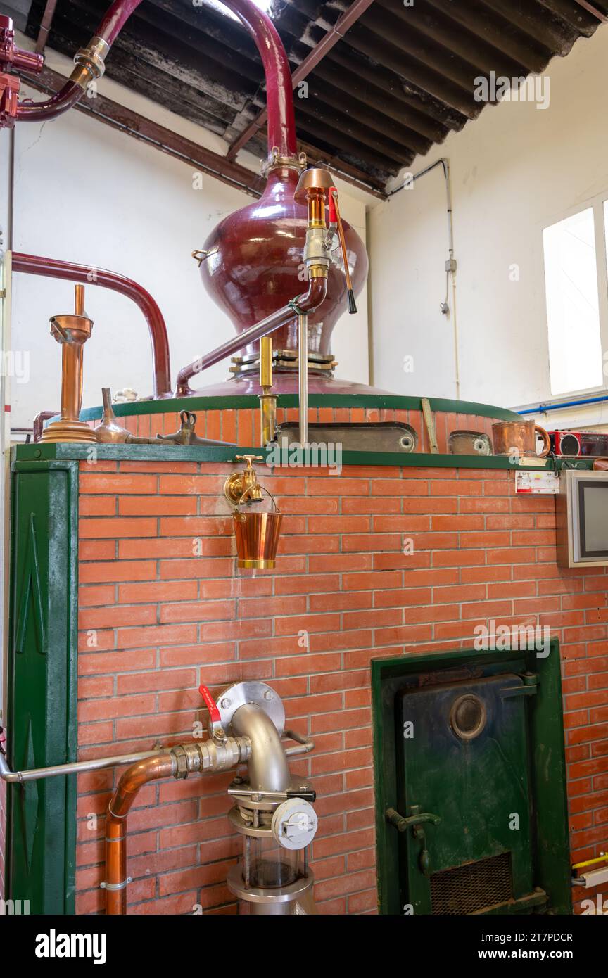 Double distillation process of cognac spirit in Charentias copper still ...