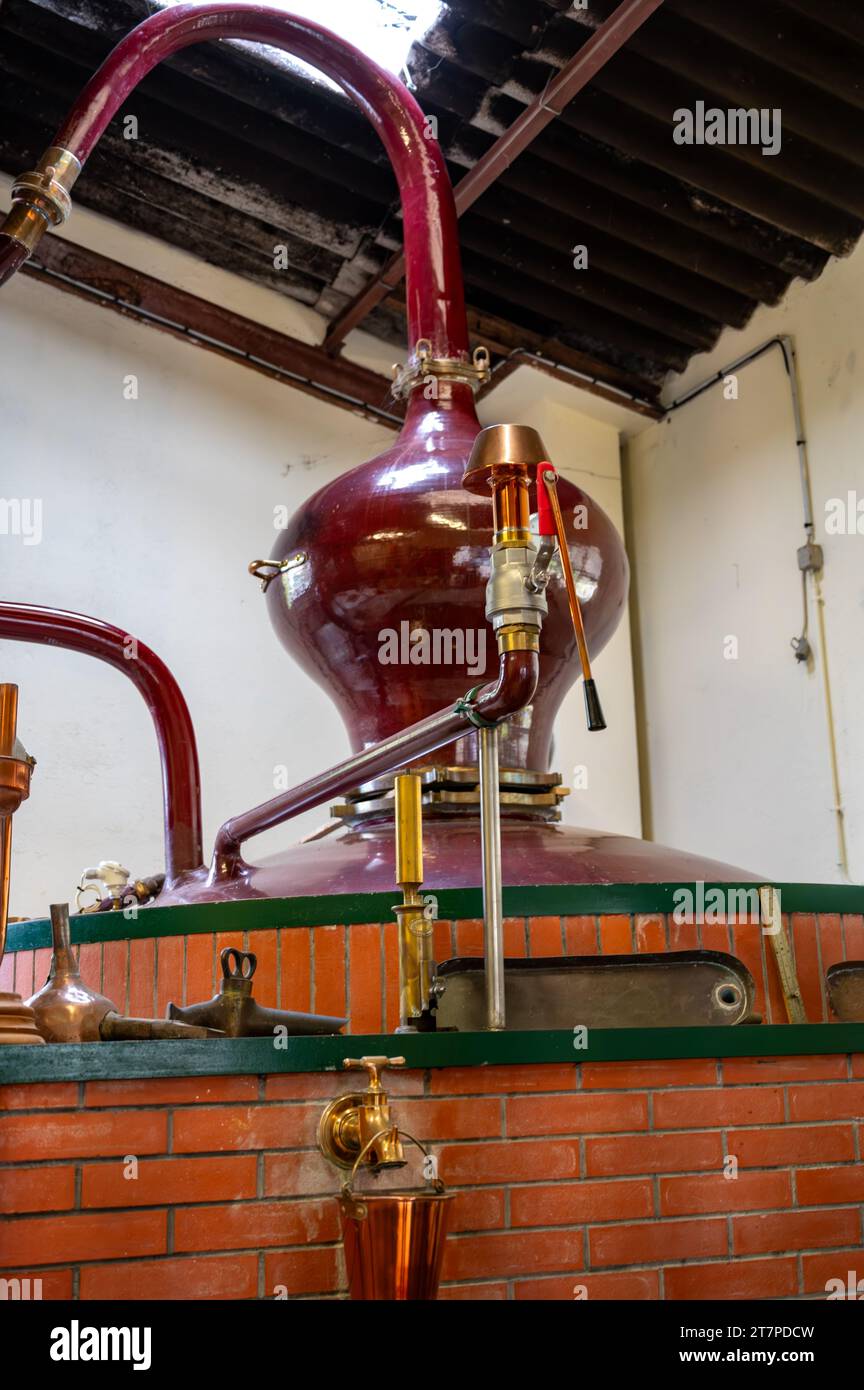 Double distillation process of cognac spirit in Charentias copper still ...