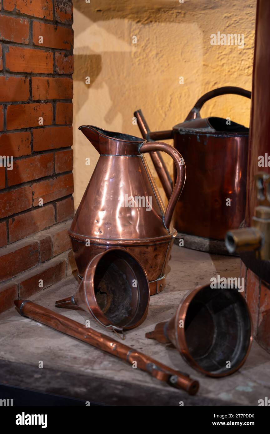 Double distillation process of cognac spirit in Charentias copper still ...