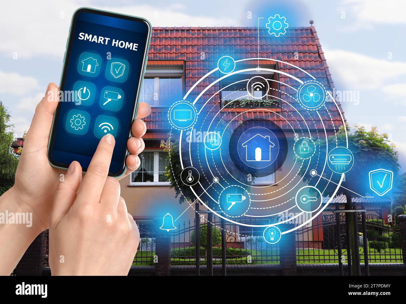 Woman using smart home control system via application on mobile phone ...