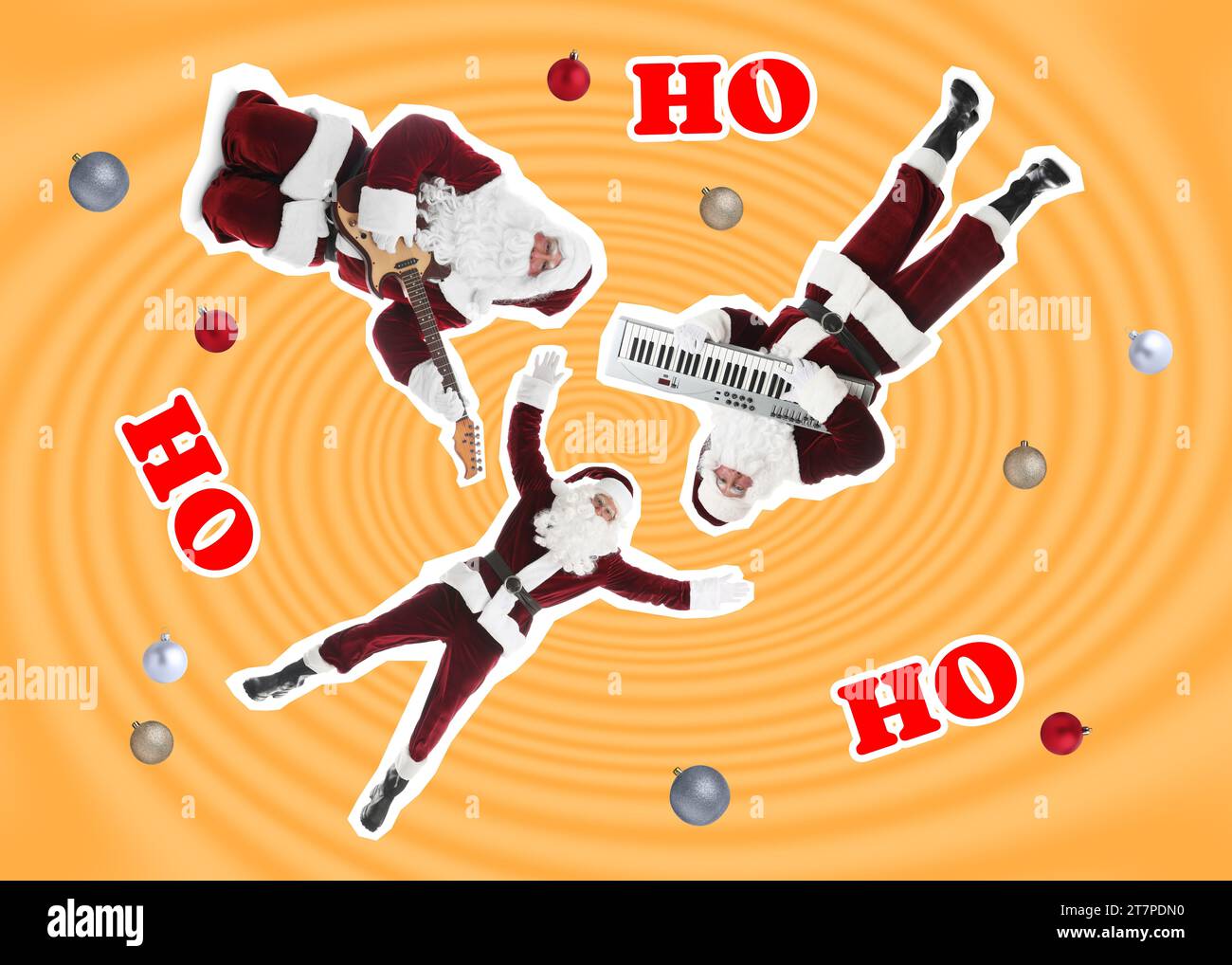 Winter holidays bright artwork. Santa Clauses playing music against ...