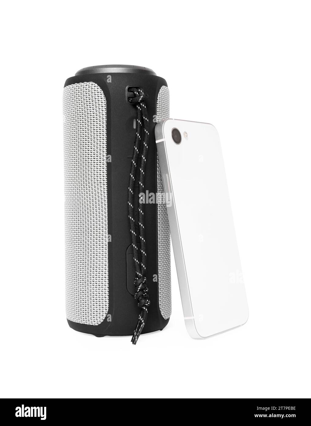 Portable bluetooth speaker and smartphone isolated on white. Audio ...