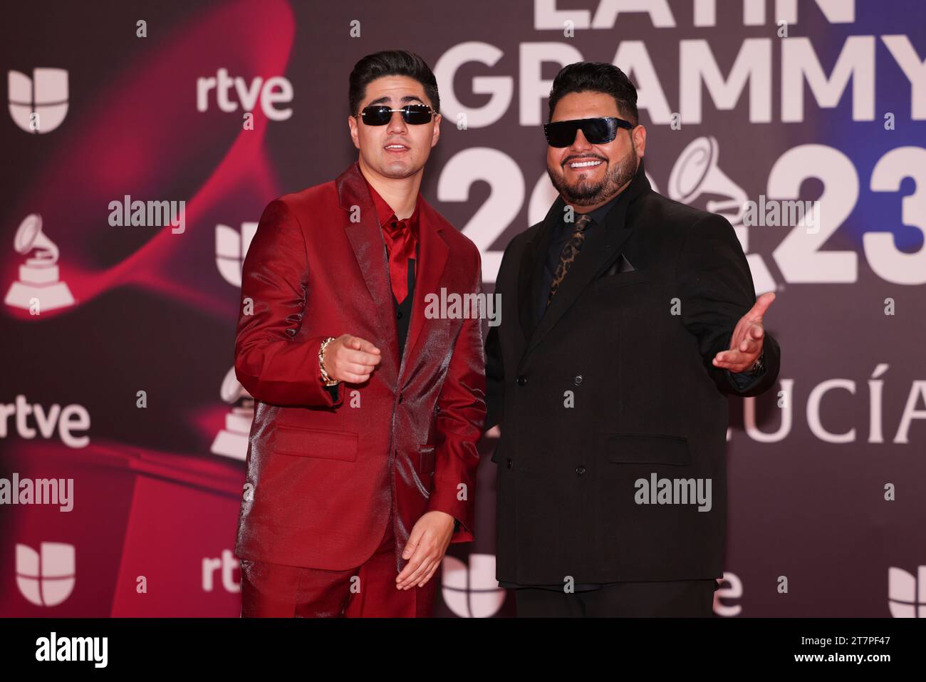 Jerry Corrales, left, and Issac Salas of La Adictiva arrive at the 24th ...