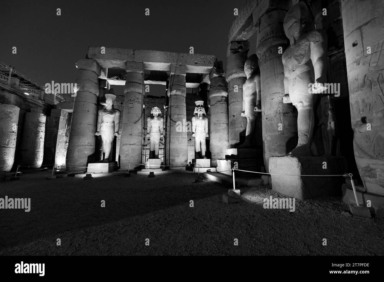 Night view of the statues columns and hieroglyphics of the ...