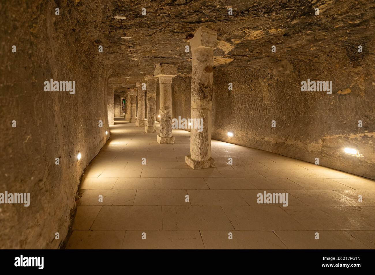 Ancient Saqqara tomb's subterranean paths with columns and ...
