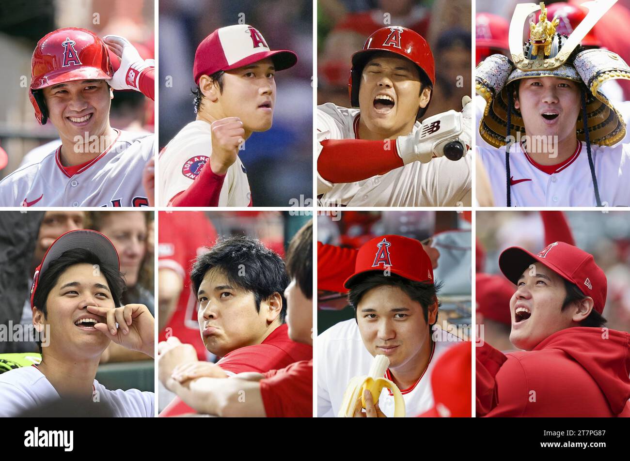Combined photo shows different facial expressions of Los Angeles Angels ...
