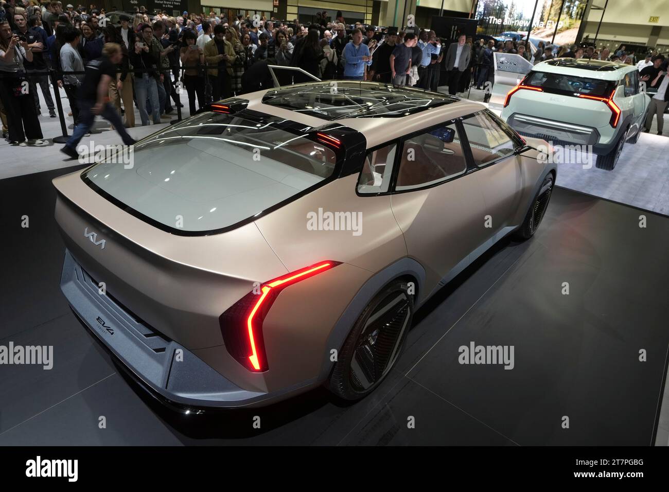 The Kia Concept EV4, left, and Kia the Concept EV3 models are shown at ...