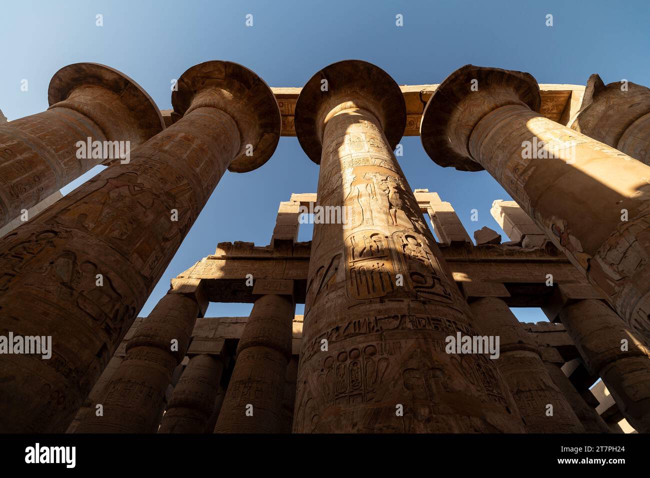 Hieroglyphic reliefs on the giant columns of the ancient ruins of ...