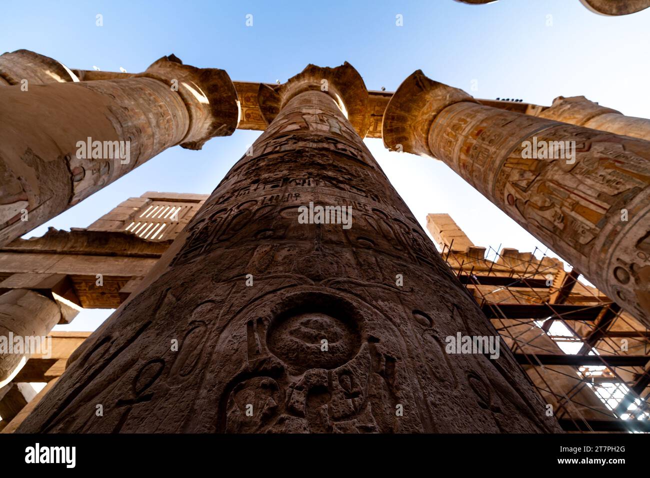 Hieroglyphic reliefs on the giant columns of the ancient ruins of ...