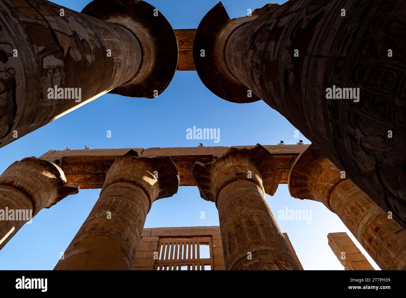 Giant stone columns engraved with hieroglyphics inside the ancient ...