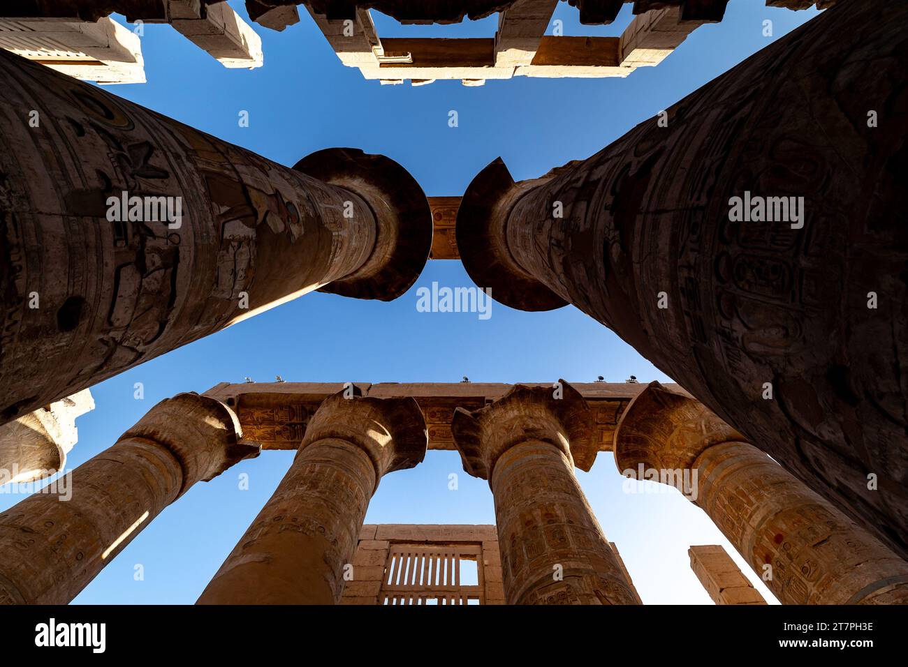 Giant stone columns engraved with hieroglyphics inside the ancient ...