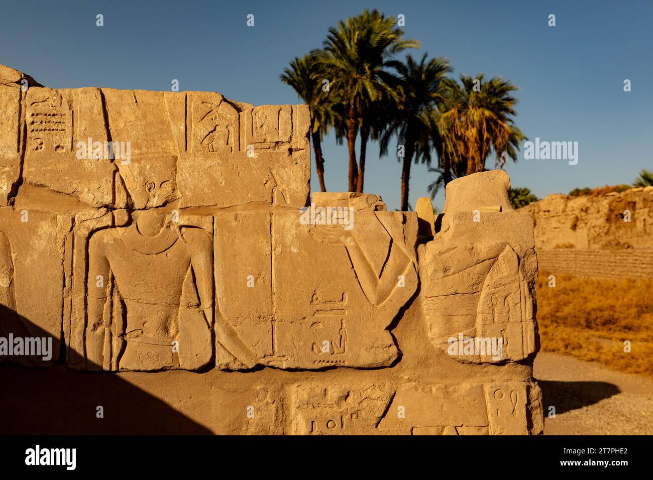 Hieroglyphic reliefs on the walls and columns of the ancient ruins of ...