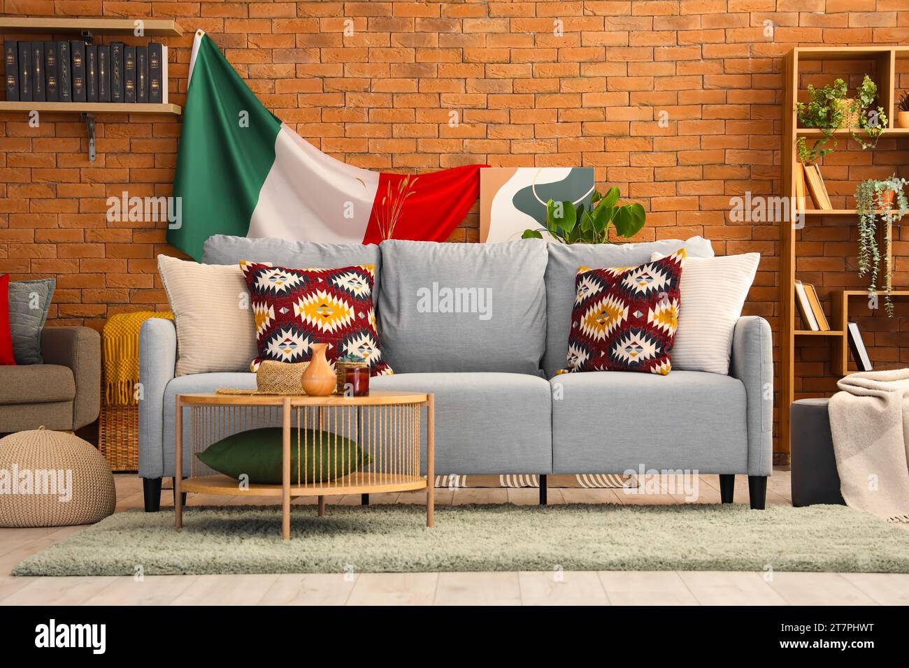 Interior of living room with sofa and Italian flag Stock Photo - Alamy