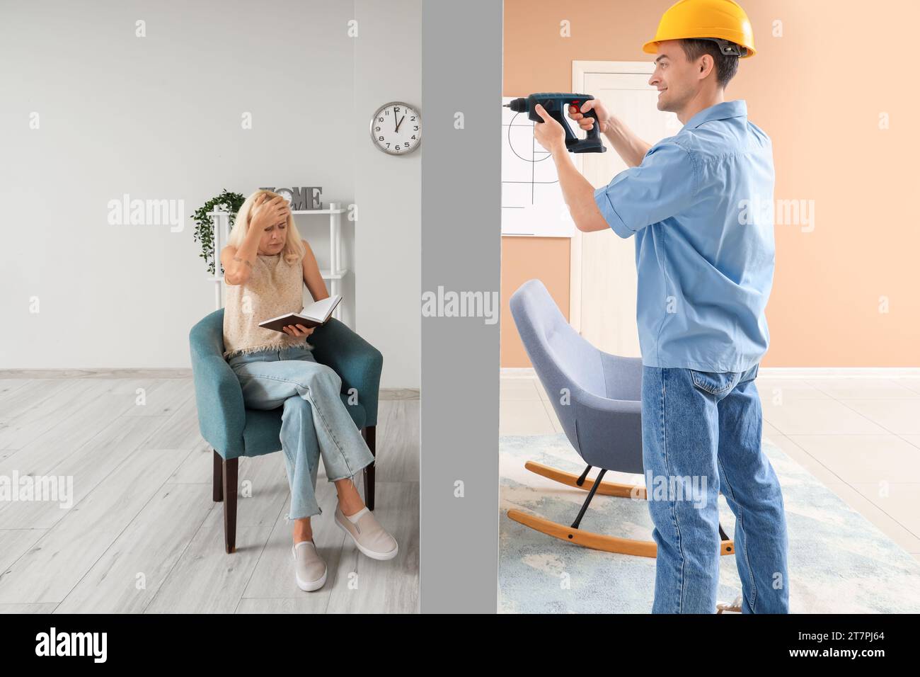 Mature woman suffering from loud neighbour with drill at home Stock ...