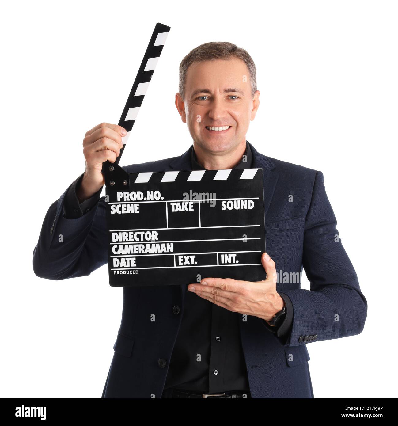 Mature actor with clapperboard on white background Stock Photo - Alamy