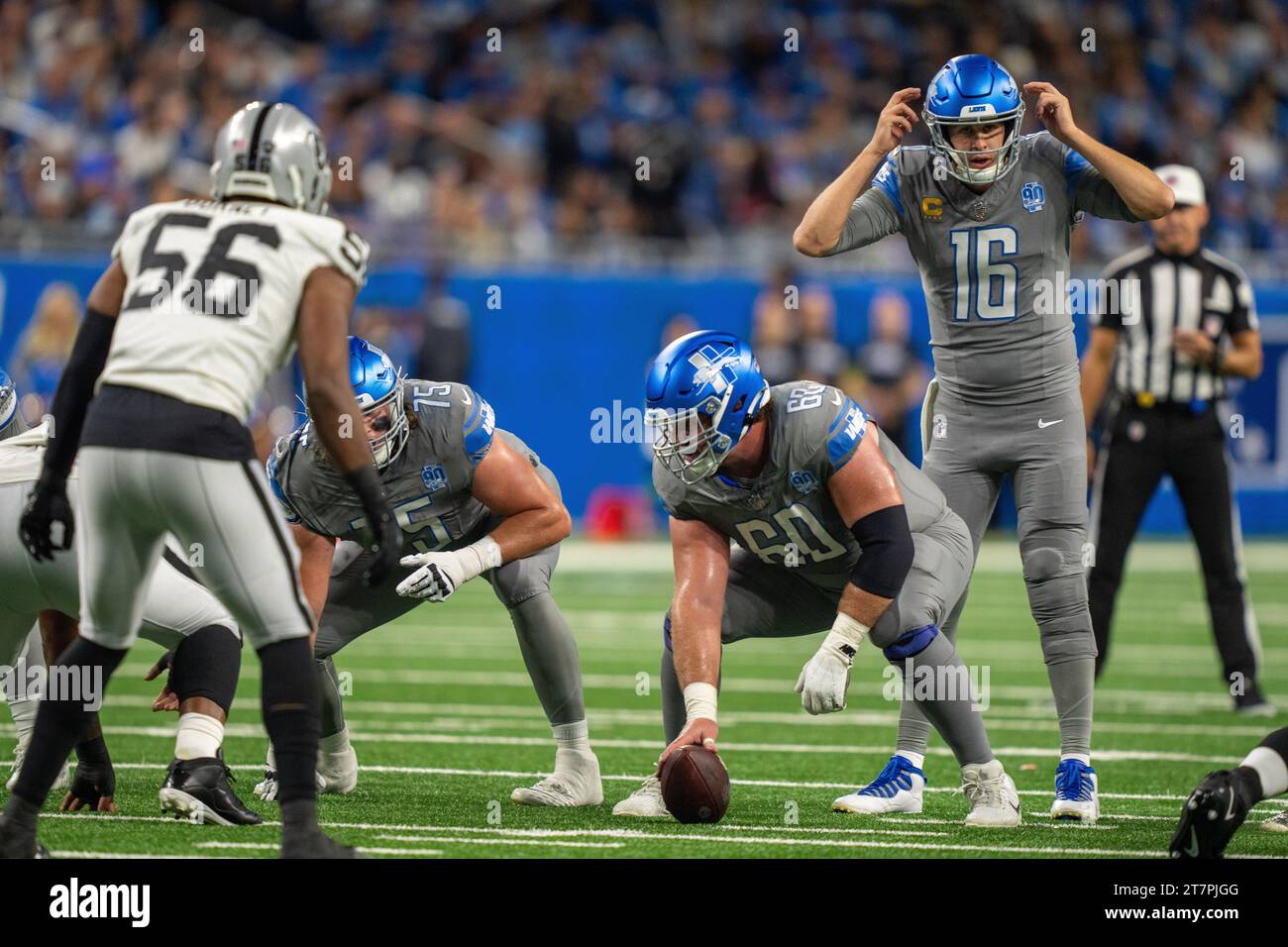 Detroit, MI, USA: Detroit Lions quarterback Jared Goff (16) makes the ...