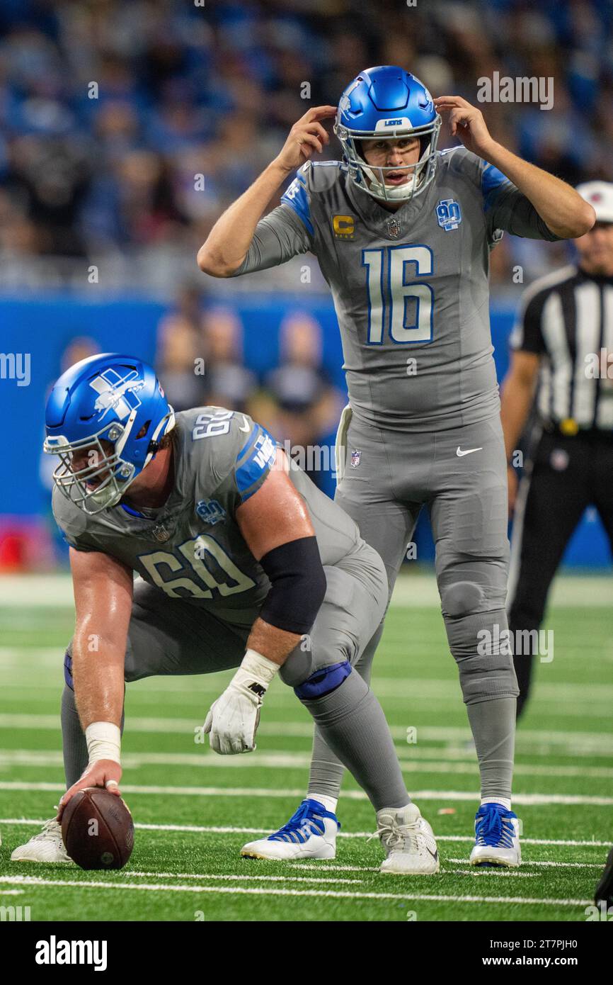 Detroit, MI, USA: Detroit Lions quarterback Jared Goff (16) makes the ...