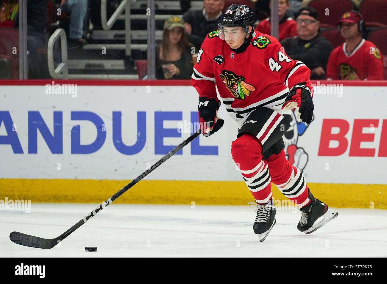 Chicago Blackhawks defenseman Wyatt Kaiser handles the puck during the ...