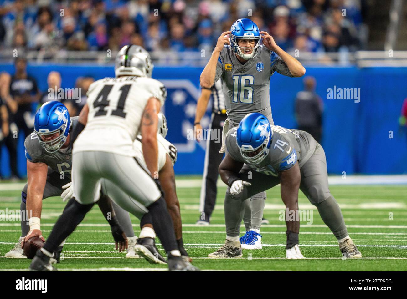 Detroit, MI, USA: Detroit Lions quarterback Jared Goff (16) makes an ...