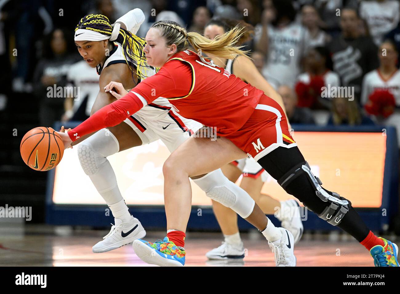 UConn forward Aaliyah Edwards, left, and Maryland forward Allie Kubek ...