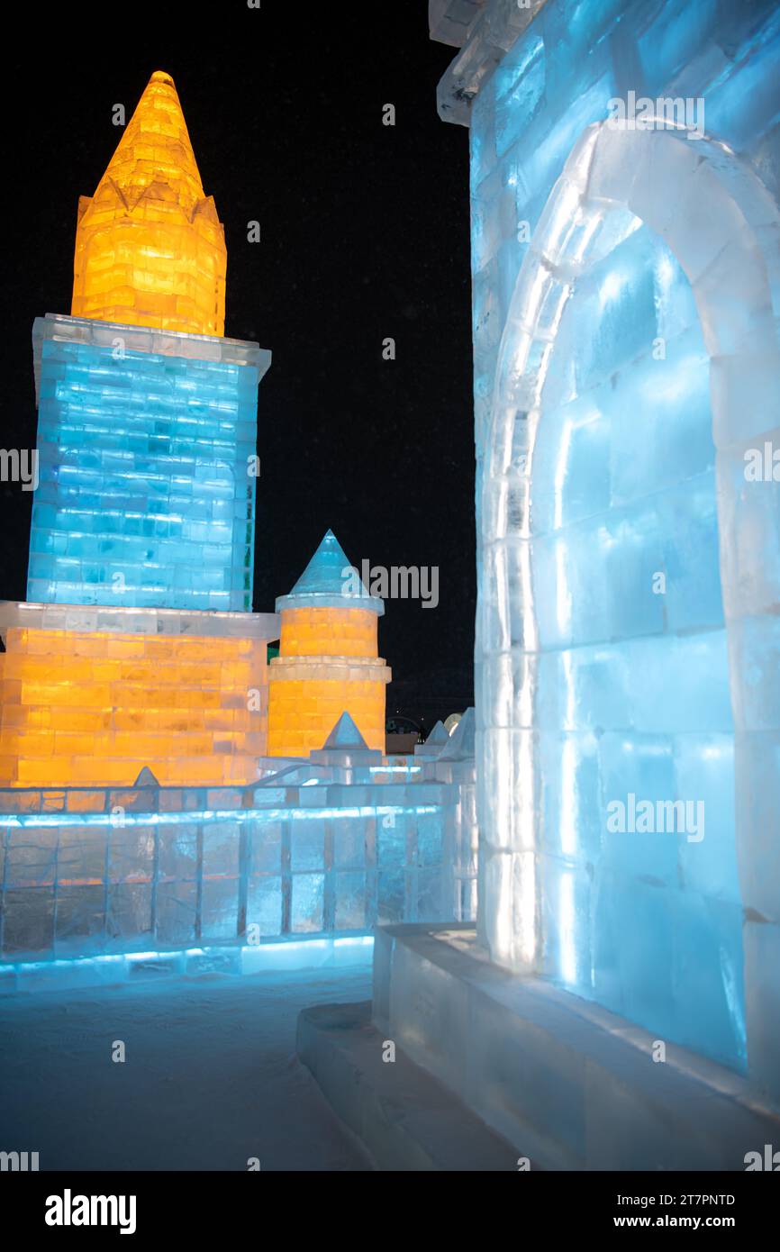 January 1, 2022, HARBIN, CHINA. Night scene in Harbin International Ice ...