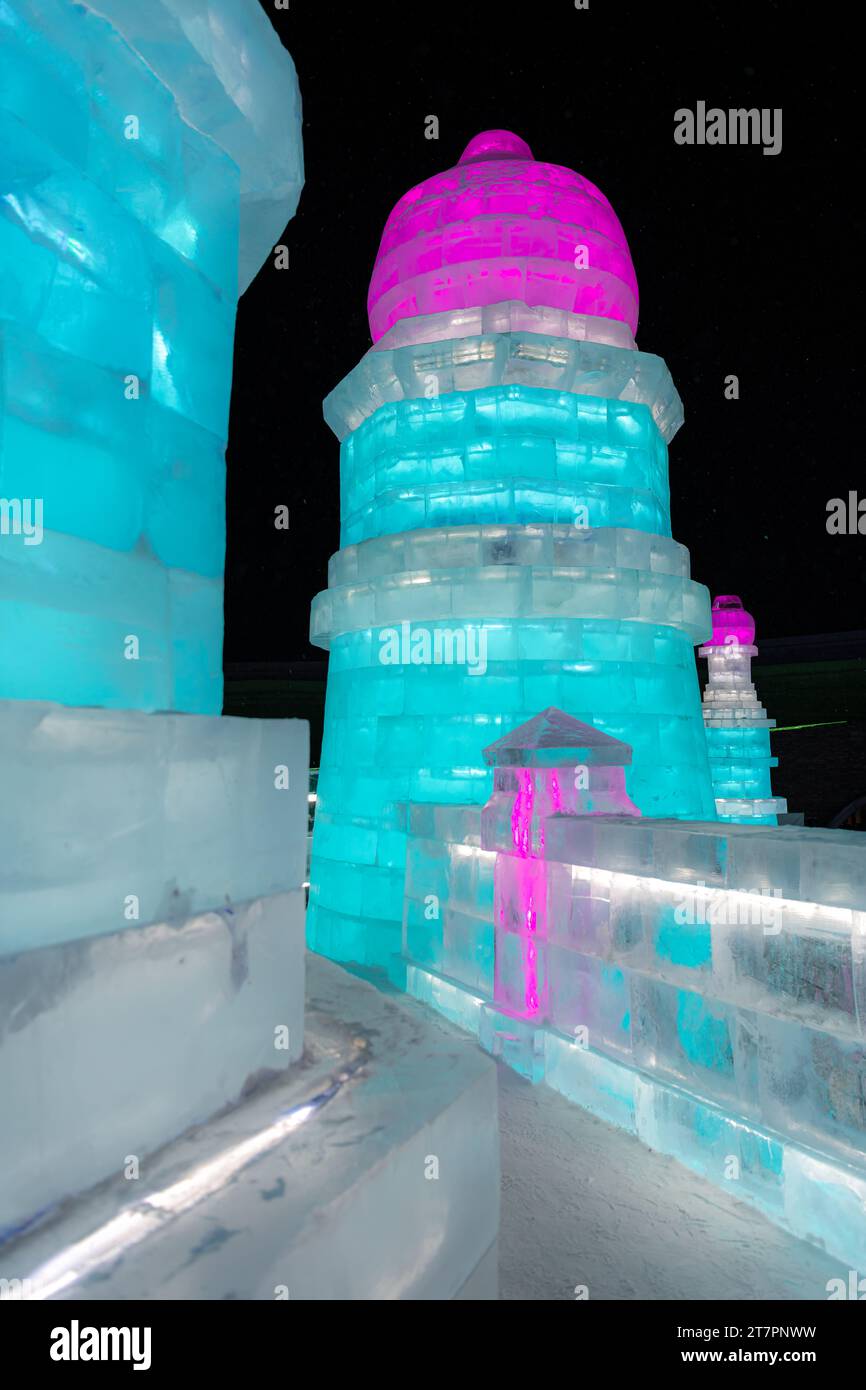HARBIN, CHINA - January 1, 2022: Spectacular ice castle sculptures at ...